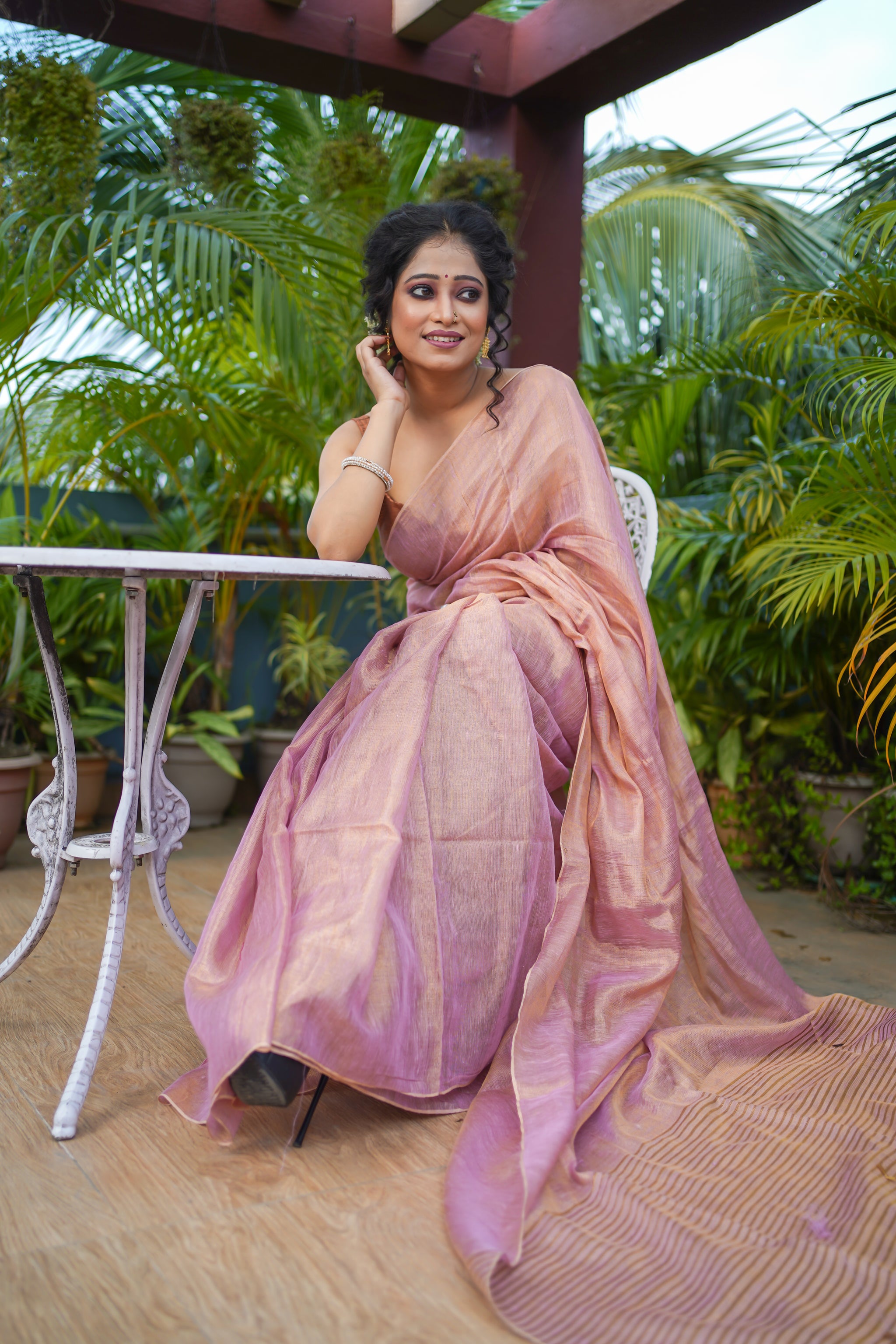 Blush Pink Dual Tone Tissue linen Saree with blouse piece