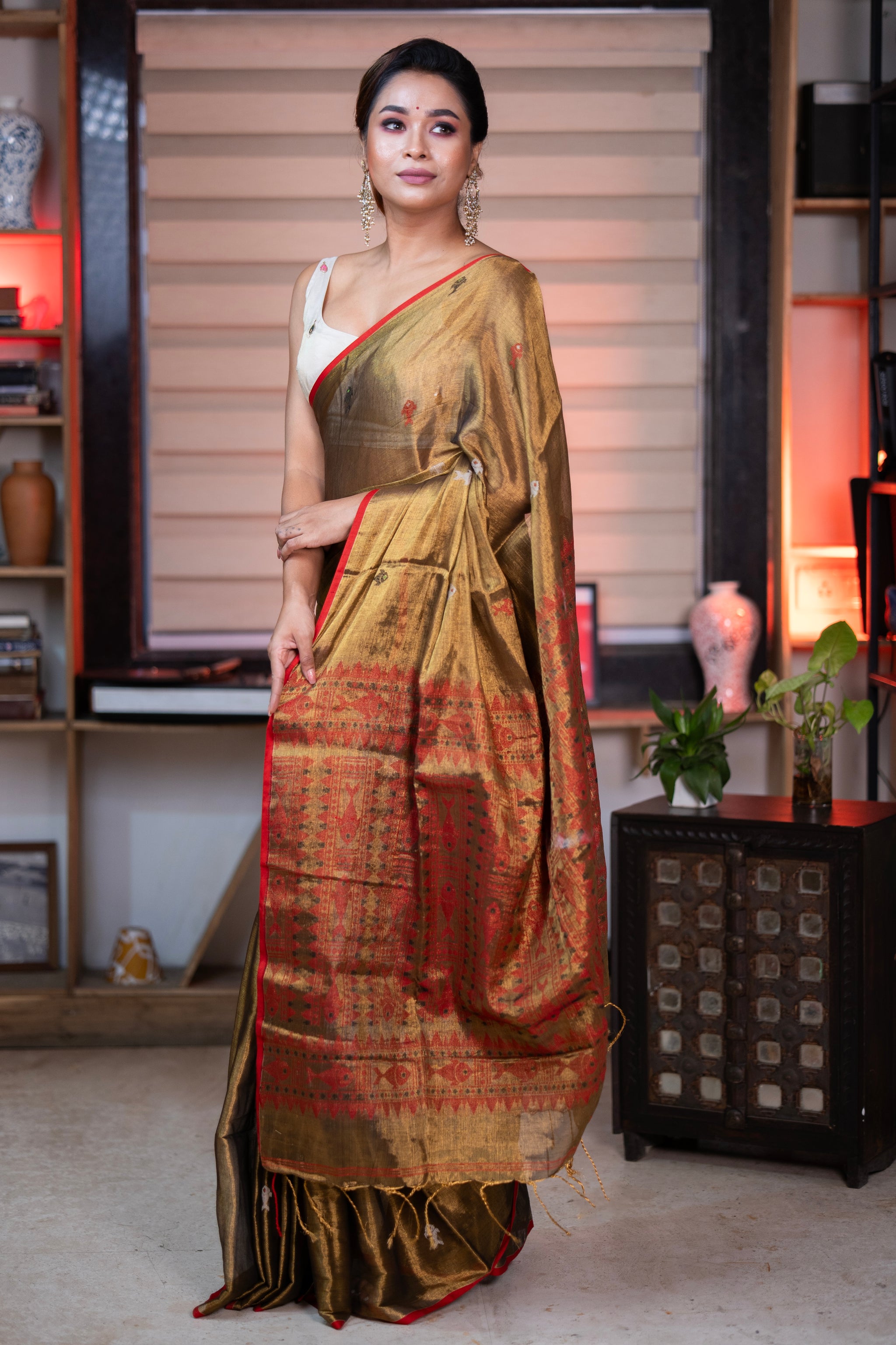 Metallic Copper dual tone Tissue Linen Handwoven Saree