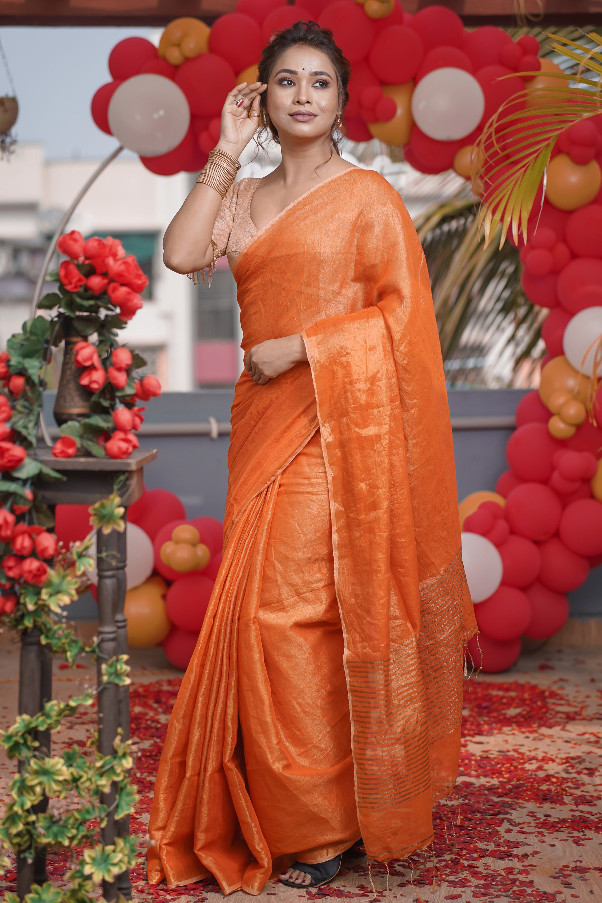 Orange Dual Tone Pure Tissue Linen Saree with blouse piece