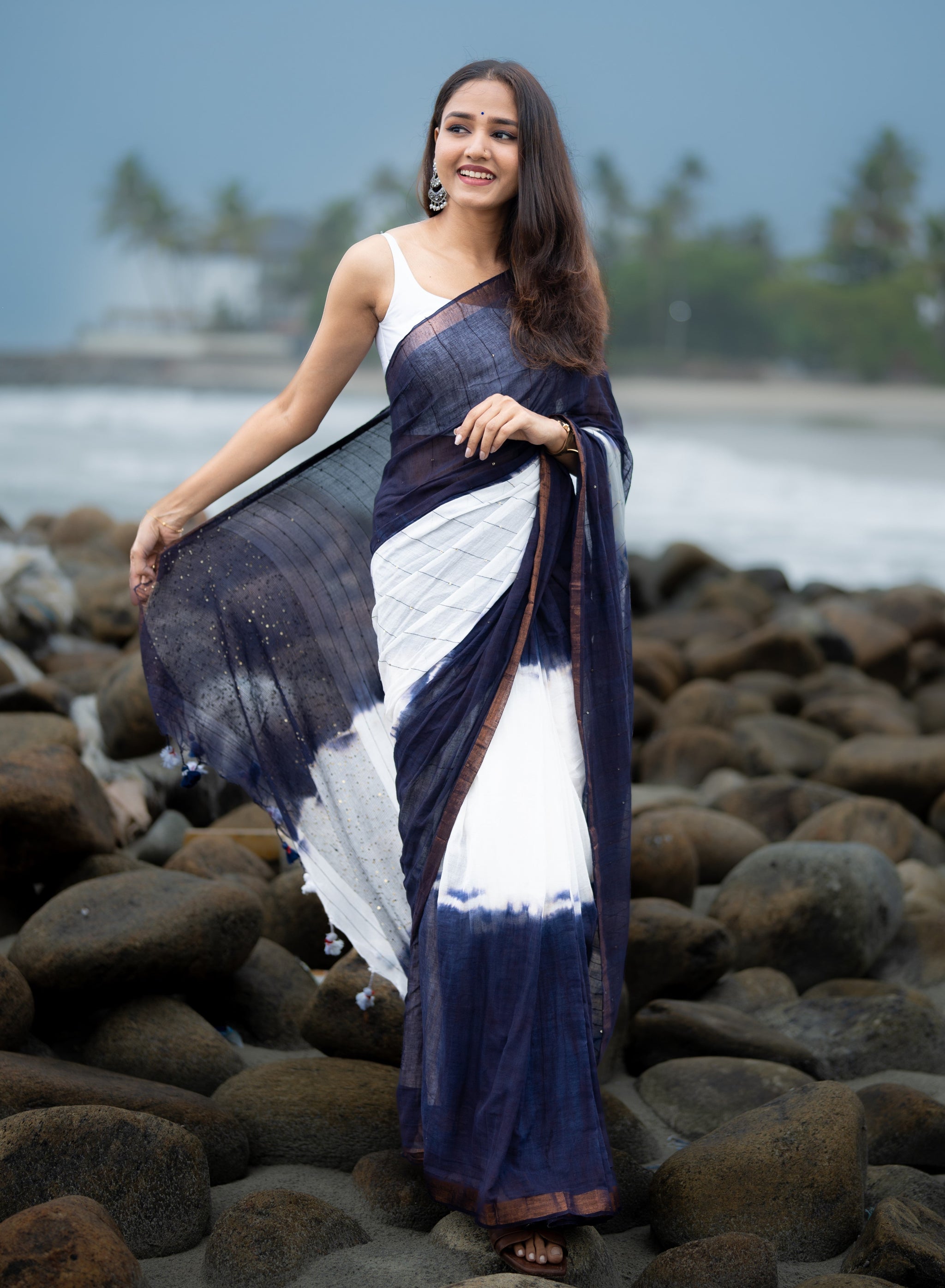 Blue & White Rang Bahari Sequence Work Pure Mul Cotton Saree